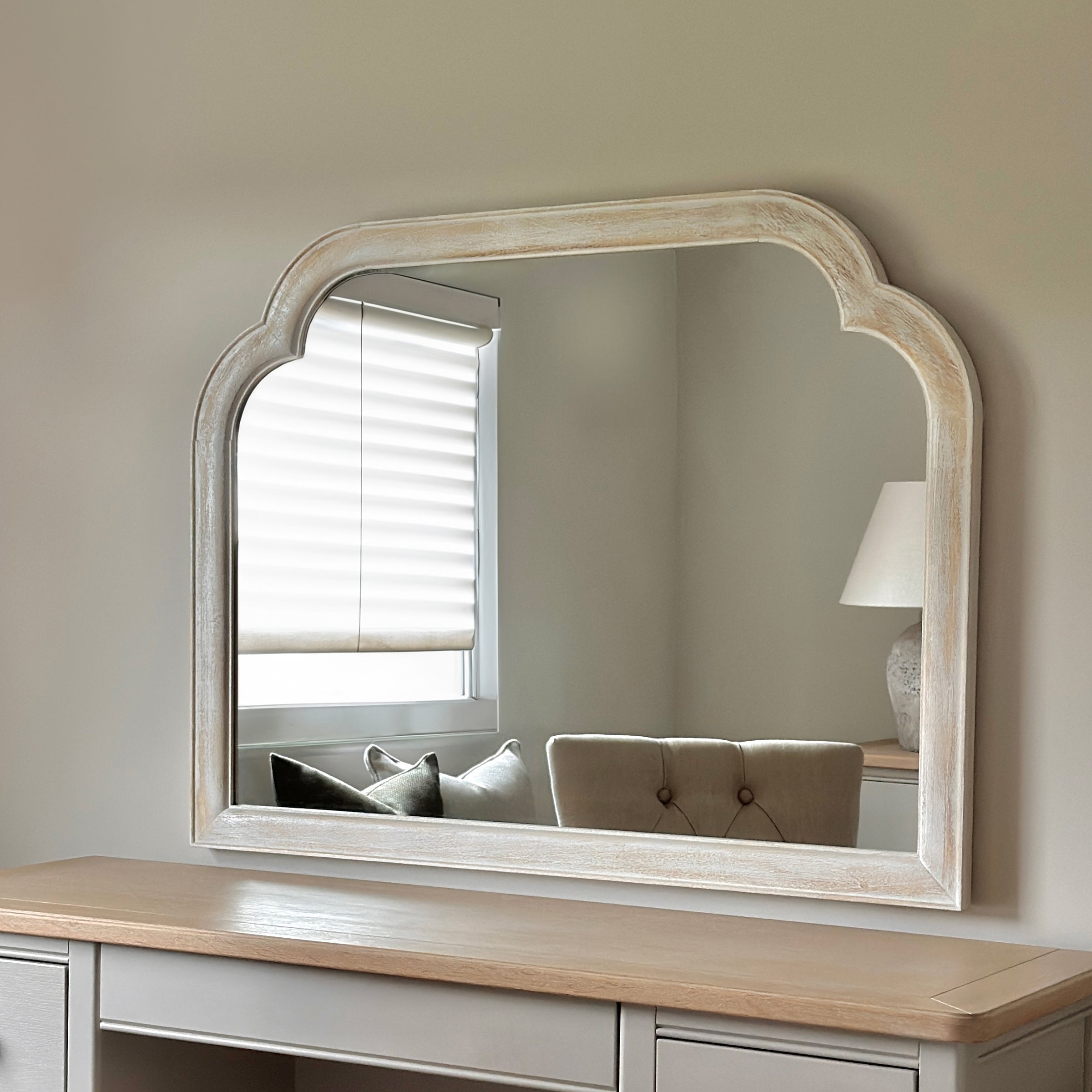 Washed Wood Arched Overmantle Mirror 100cm x 75cm - Elena