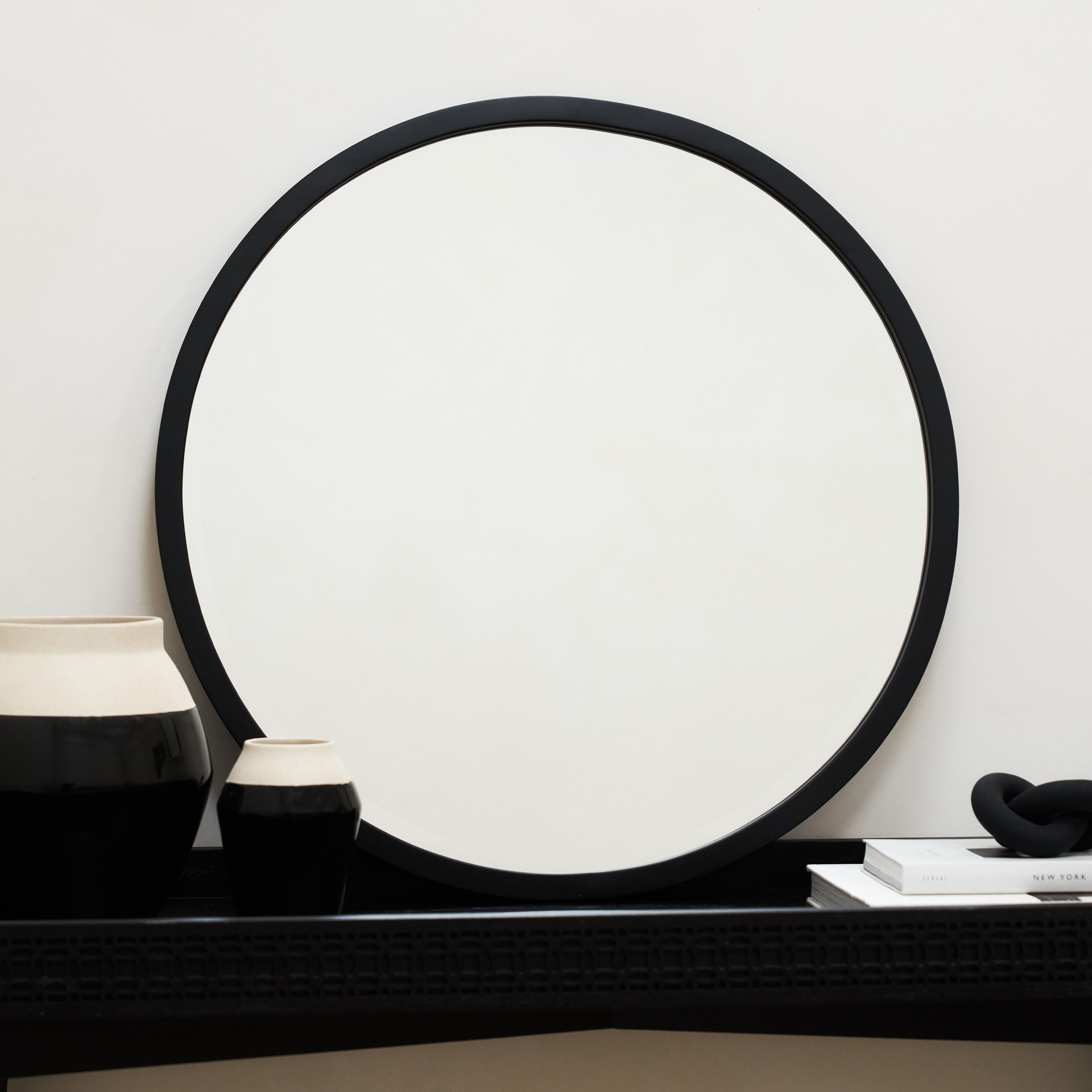 Black Metal Modern Round Wall Mirror 60cm x 60cm - Higgins