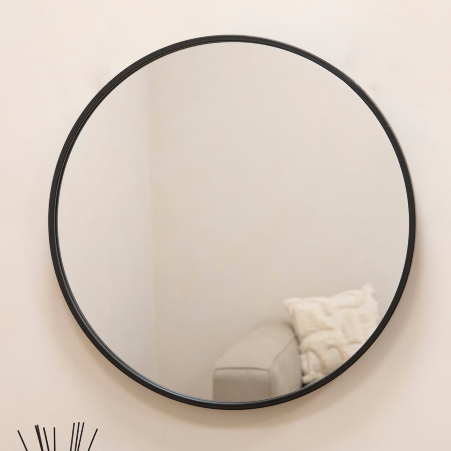 Black Metal Industrial Round Wall Mirror 70cm x 70cm - Metro