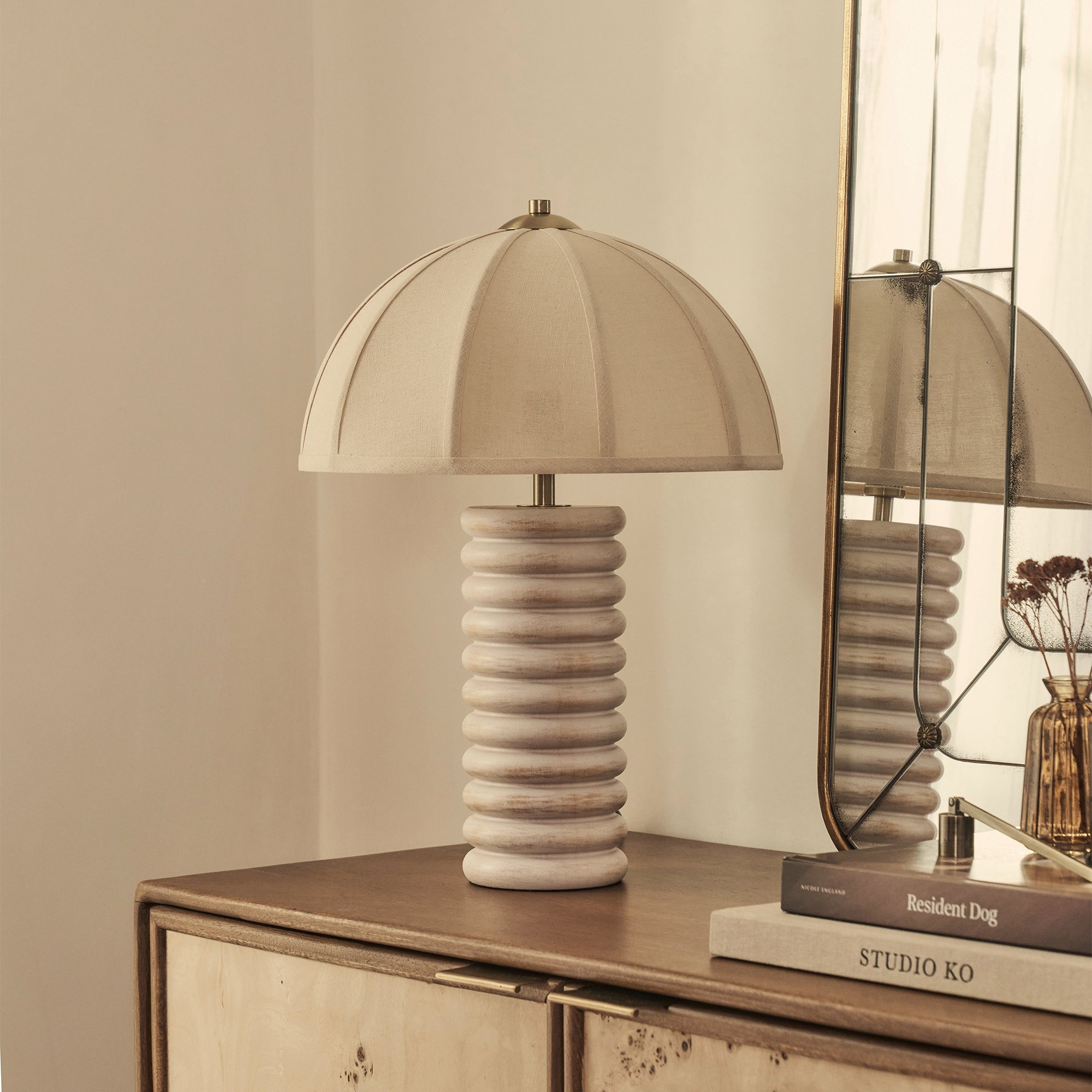 White Washed Wood Dome Shade Table Lamp - Odette