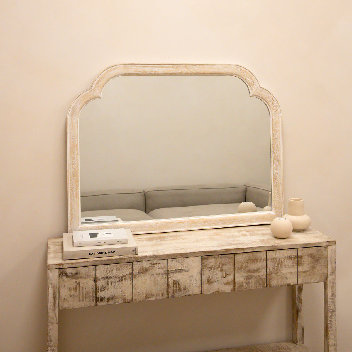 Washed Wood Arched Overmantle Mirror 100cm x 75cm - Elena